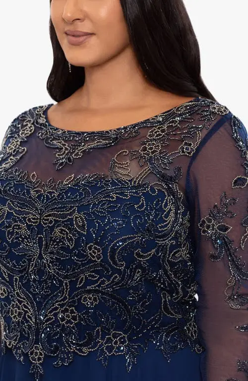 XSCAPE EVENINGS Long Sleeve Beaded Chiffon Gown