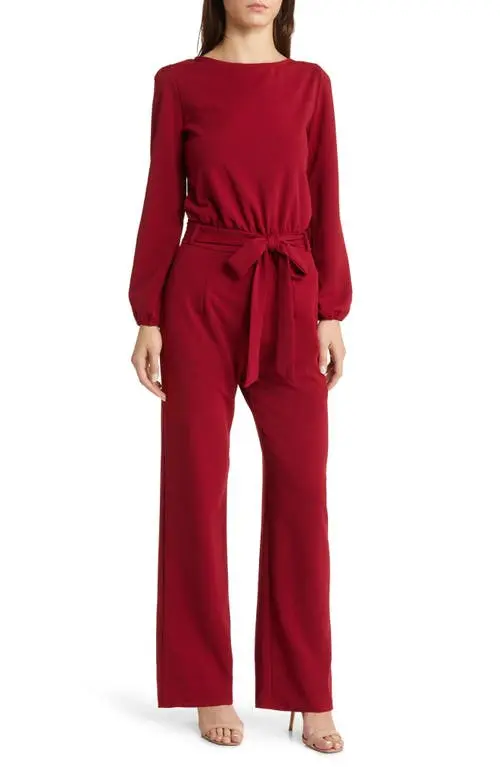 NIKKI LUND Joy Long Sleeve Tie Waist Jumpsuit - Burgundy