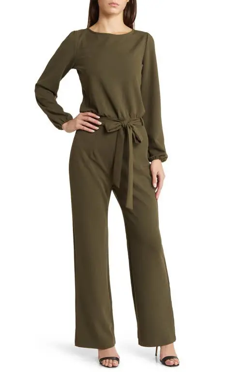 NIKKI LUND Joy Long Sleeve Tie Waist Jumpsuit - Olive