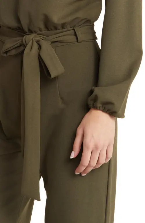 NIKKI LUND Joy Long Sleeve Tie Waist Jumpsuit - Olive