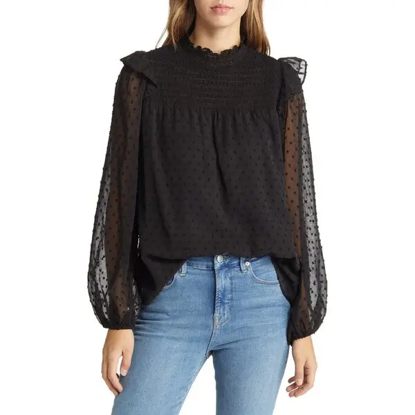 NIKKI LUND Yannis Smocked Clip Dot Blouse - Black