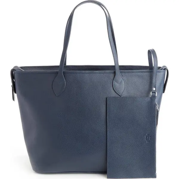 ROYCE NEW YORK Personalized Leather Tote With Wristlet - Navy Blue - Silver Foil