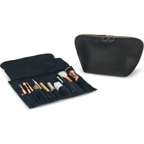 KUSSHI Signature Leather Makeup Brush Organizer - Black Leather/ Leopard