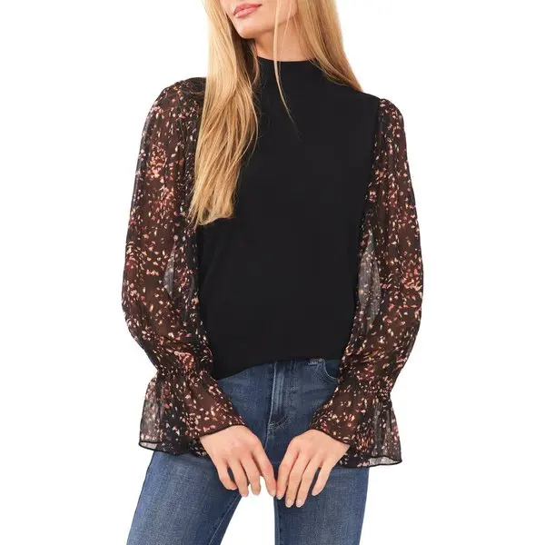 CECE DUPRAZ Mix Media Mock Neck Top - Rich Black