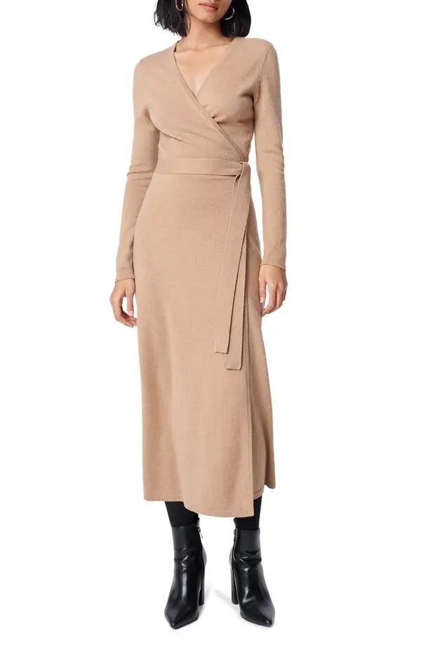 Diane Von Furstenberg Astrid Long Sleeve Wool & Cashmere Wrap Sweater Dress  - Camel | Editorialist