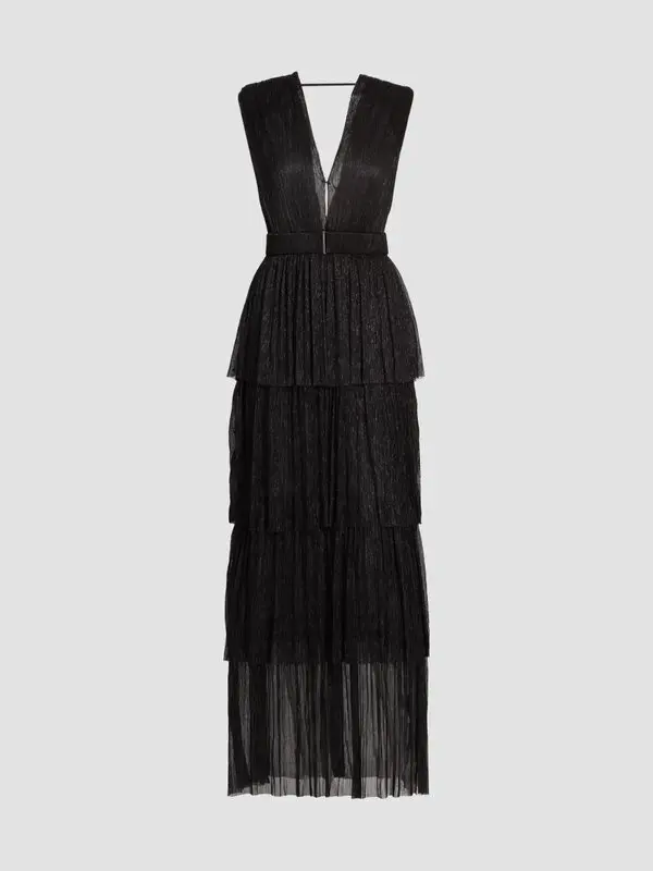 SABINA MUSAYEV Skylar Tiered Belted Metallic Gown - Black