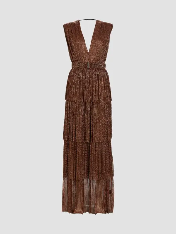 SABINA MUSAYEV Skylar Tiered Belted Metallic Gown - Bronze