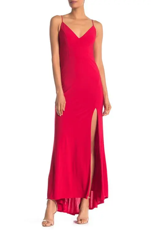 JUMP APPAREL Plunge V-neck Jersey Gown - Red