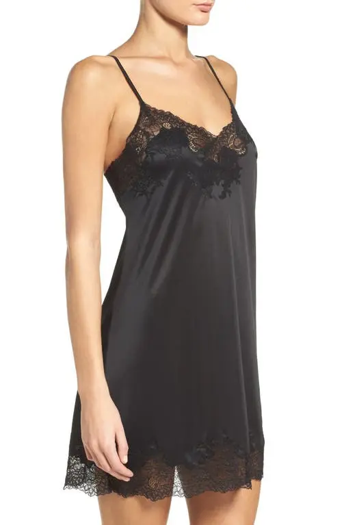 Natori Enchant Lace Trim Satin Chemise - Black