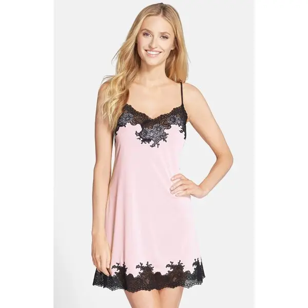 Natori Enchant Lace Trim Satin Chemise - Pink/black
