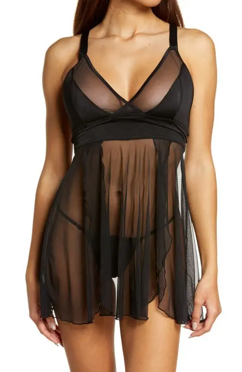 COQUETTE Caged Back Mesh Babydoll Chemise & G-string Thong - Black