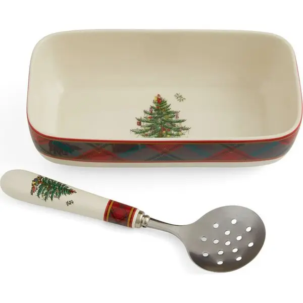 SPODE Christmas Tree Tartan Casserole & Server Set - Green