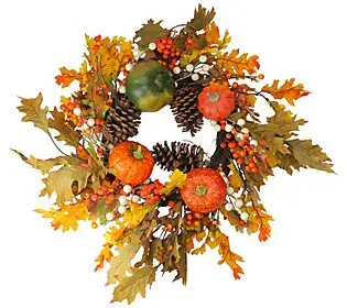 NORTHLIGHT Fall Pine Cones And Pumpkins Thanksg Iving Wreath - One-color