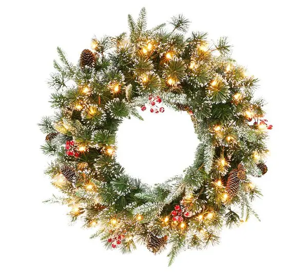 PULEO INTERNATIONAL Puleo 32' Pre-lit Glittery Pe/pvc Wreath Cones, Berries - One-color