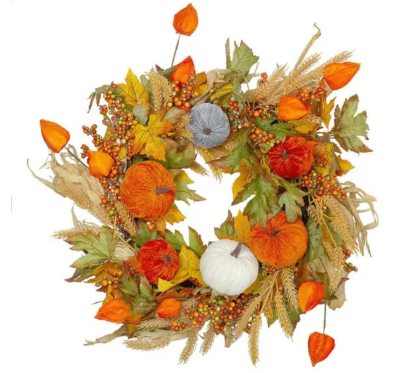 NORTHLIGHT Velvet Pumpkins & Wheat Fall Harvest Wreath 24 - One-color