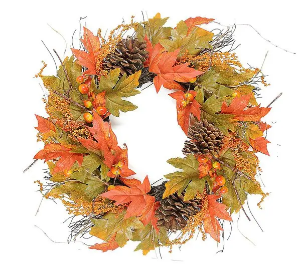 NORTHLIGHT Fall Leaves Pinecones & Orange Berry Wreath 24 - One-color