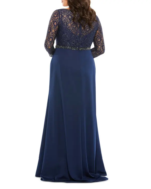 Mac Duggal Lace Illusion Long Sleeve V-neck Draped Gown