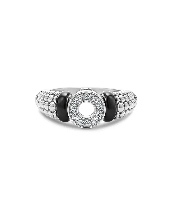 Lagos Sterling Silver, Black Caviar Ceramic, And Diamond Circle Bead Ring - Silver/black