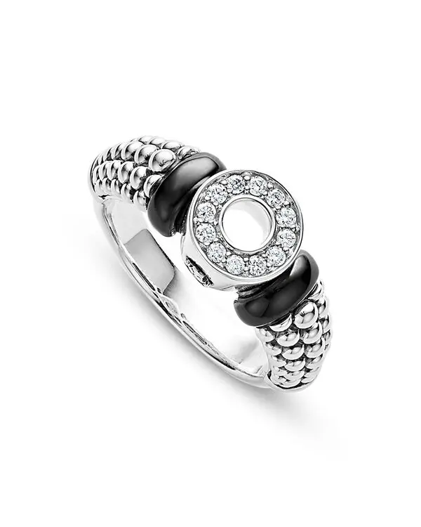 Lagos Sterling Silver, Black Caviar Ceramic, And Diamond Circle Bead Ring - Silver/black