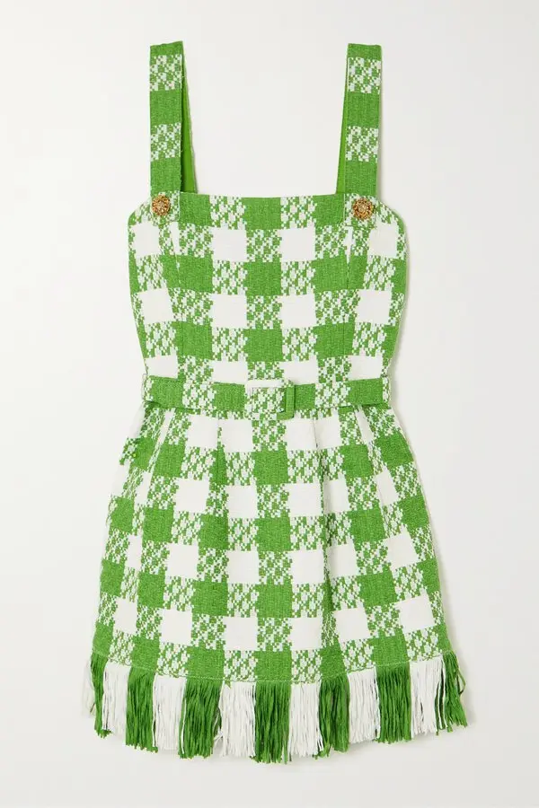 Oscar De La Renta Belted Fringed Checked Cotton-Blend Tweed Mini Dress In  Green - 40% Off | Editorialist