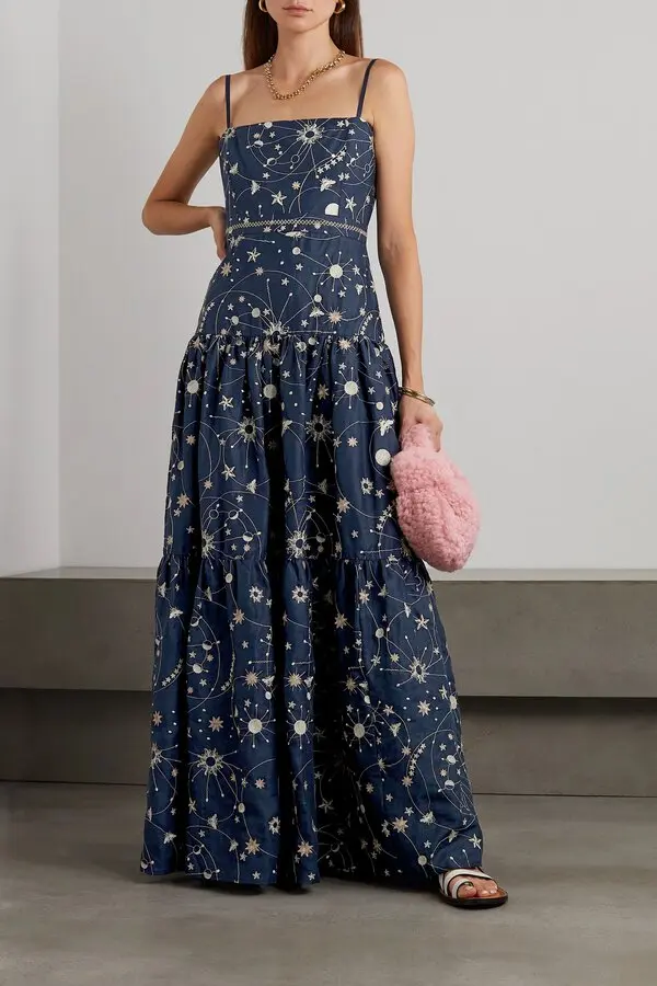 Agua Bendita Lima Astro Tiered Embroidered Linen Maxi Dress In Black - 50%  Off | Editorialist