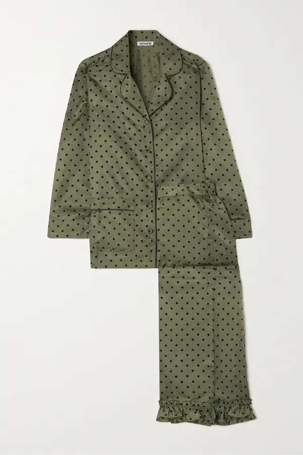 Batsheva Ruffled Polka-dot Flocked Satin-twill Pajama Set