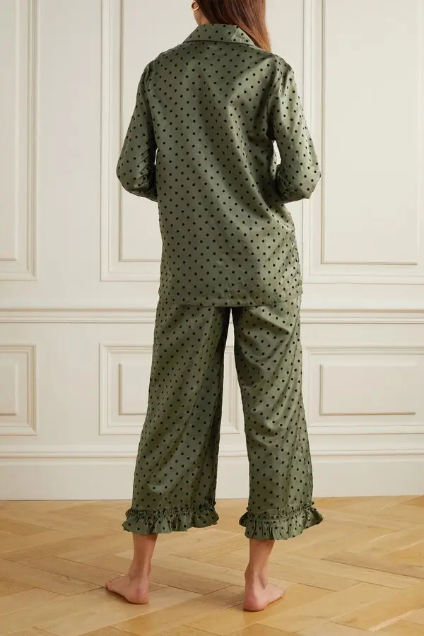 Batsheva Ruffled Polka-dot Flocked Satin-twill Pajama Set