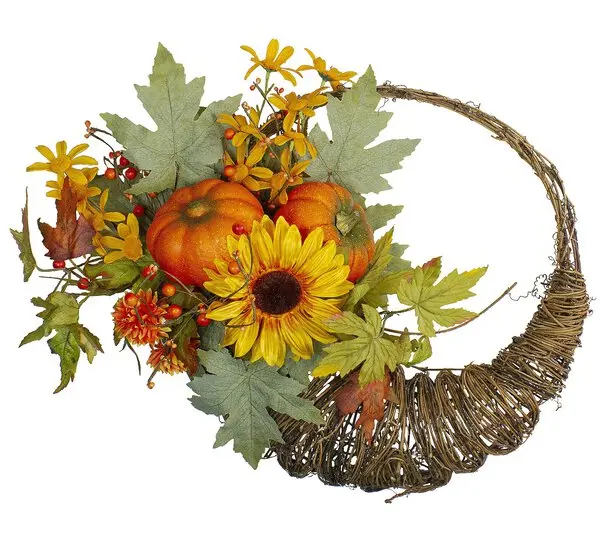 NORTHLIGHT Cornucopia & Sunflower W/ Pumpkins W Reath 20
