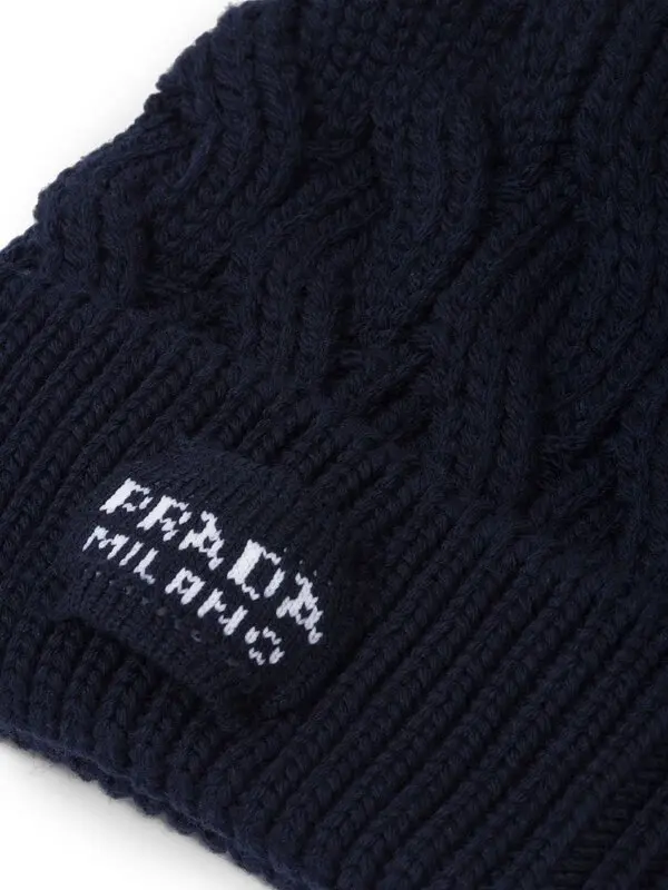 Prada Intarsia Logo Cable-Knit Beanie - Blue | Editorialist display picture 3