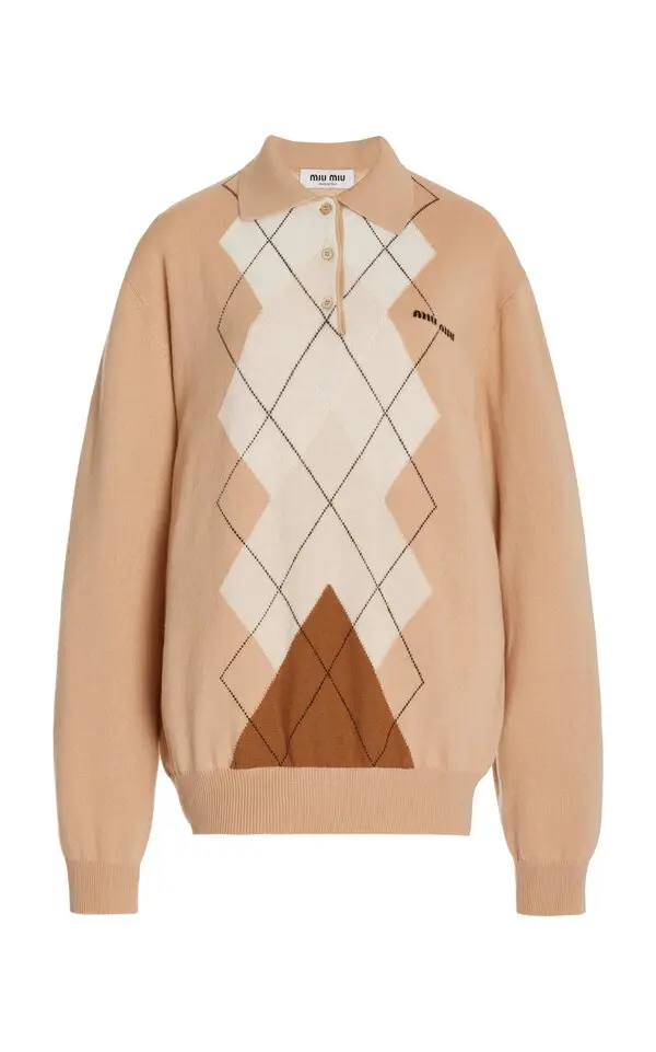 Miu Miu Oversized Argyle Cashmere Sweater - Brown