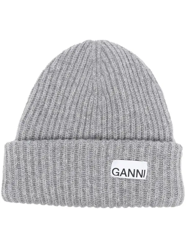GANNI Logo-patch Rib-knit Beanie - Grey