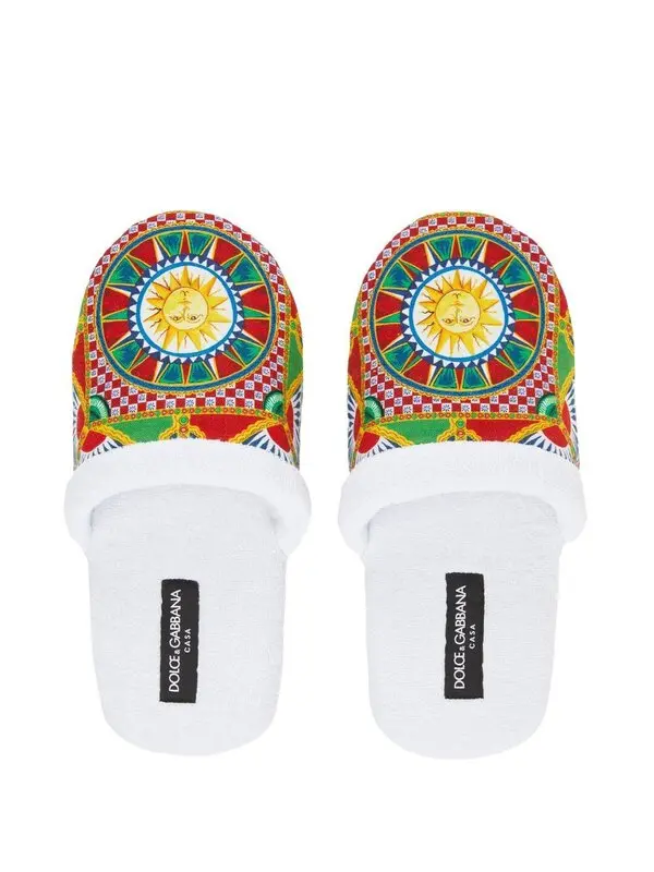DOLCE & GABBANA CASA Dolce & Gabbana Carretto Siciliano-print Terry Slippers - White
