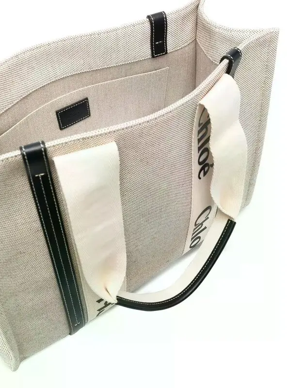 Chloé Woody Tote Bag In Linen Canvas - Neutrals