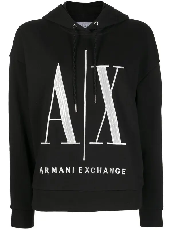 Armani Exchange Logo-embroidered Rib-trimmed Hoodie - Black