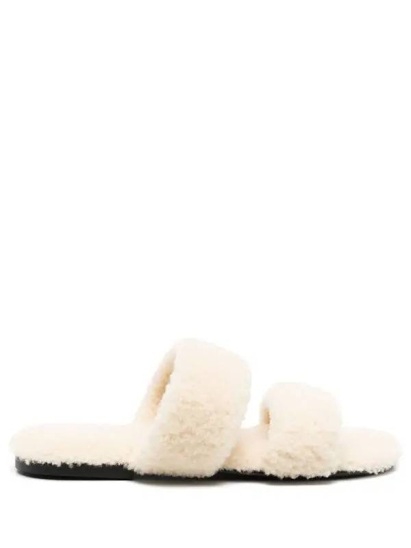 Saint Laurent Shearling Flat Slides - Neutrals