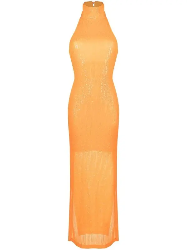 ROTATE BY BIRGER CHRISTENSEN Sequinned Halterneck Midi Dress - Orange