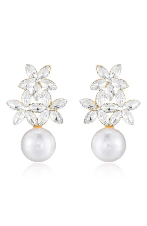 Ettika Floral Crystal & Imitation Pearl Drop Earrings - Gold