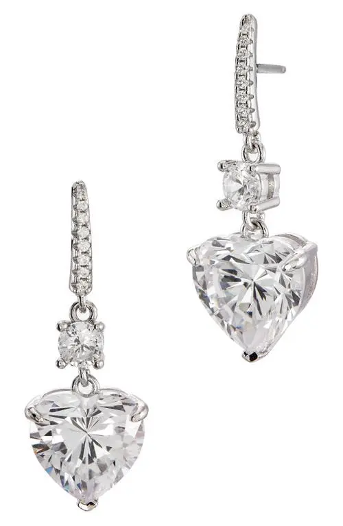 SAVVY CIE JEWELS Rhodium Plated Sterling Silver Cubic Zirconia Heart Drop Huggie Earrings - White