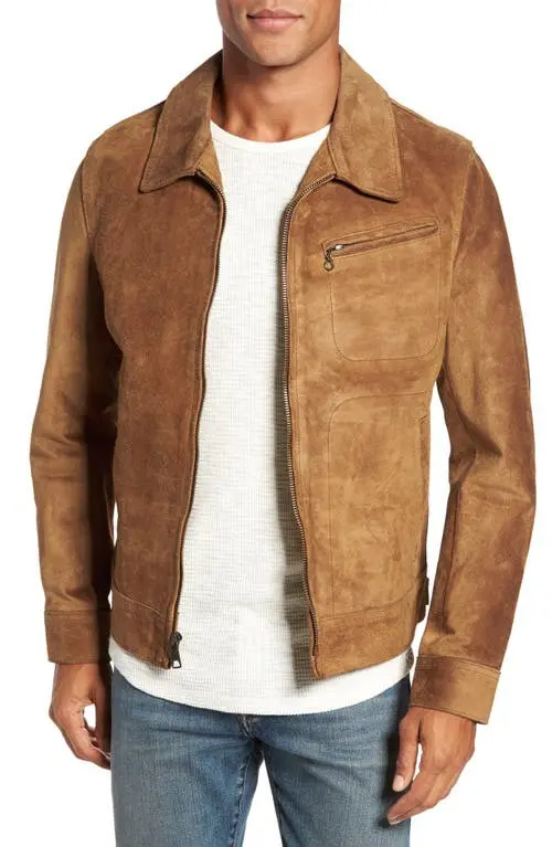 SCHOTT Unlined Rough Out Oiled Cowhide Trucker Jacket - Brown