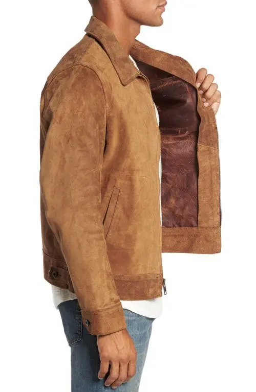 SCHOTT Unlined Rough Out Oiled Cowhide Trucker Jacket - Brown