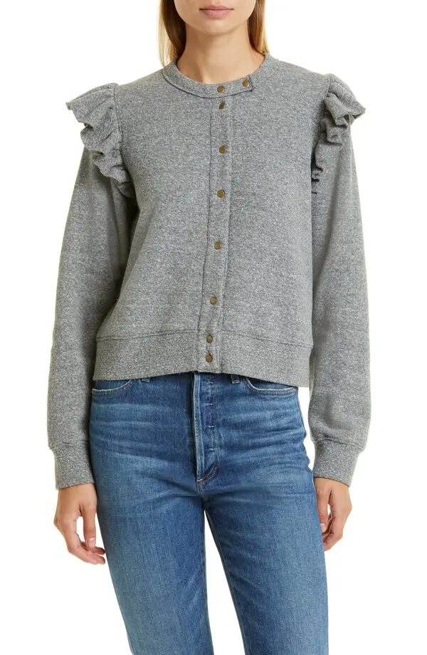 Clare V. Le Snap Ruffle Shoulder Cotton Blend Sweatshirt