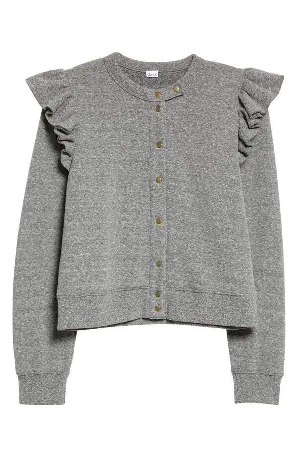 Clare V. Le Snap Ruffle Shoulder Cotton Blend Sweatshirt