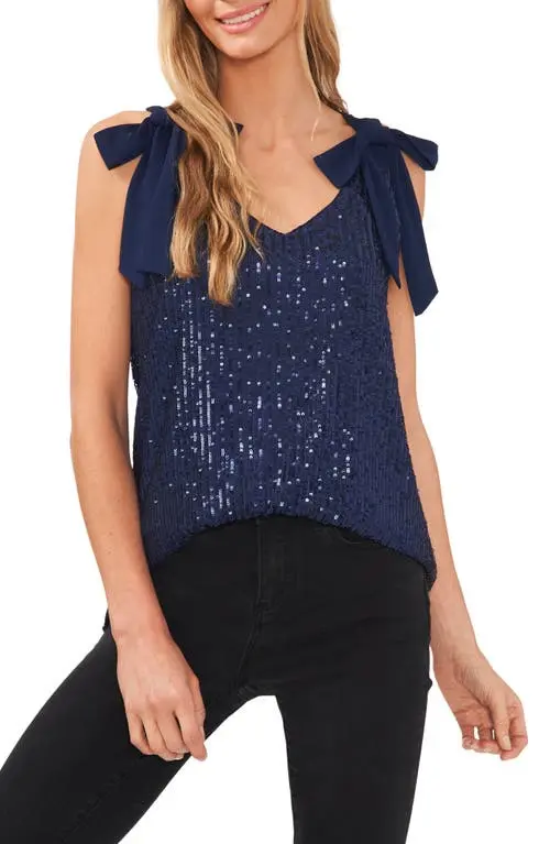 CECE DUPRAZ Bow Tie Strap Sequin Tank - Classic Navy