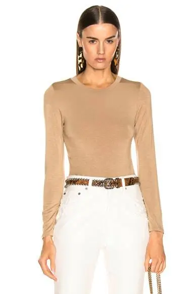 Enza Costa Long Sleeve Crew Bodysuit In Nude