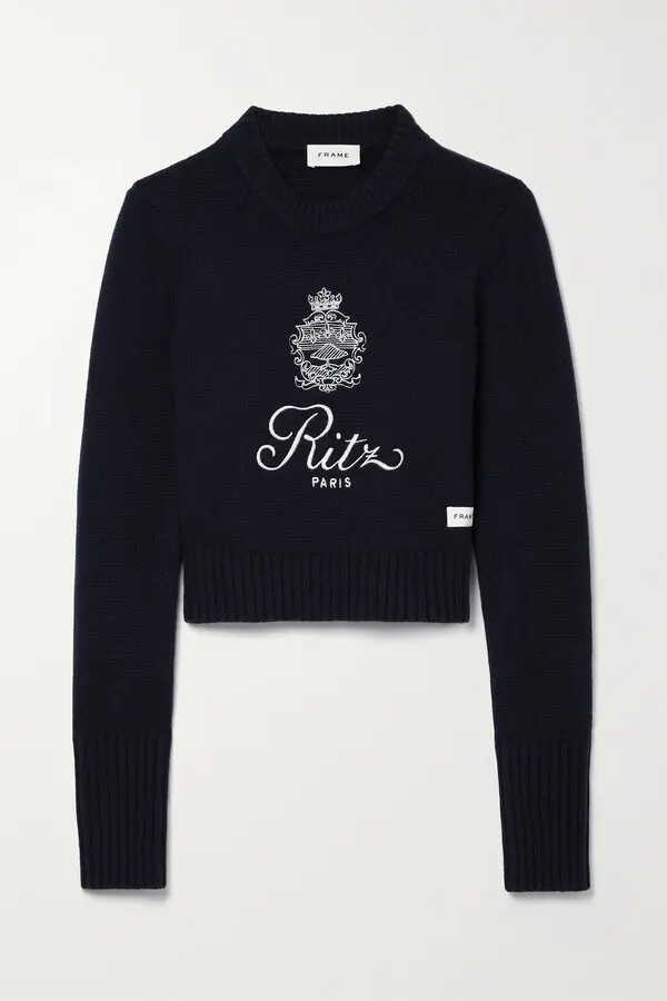 FRAME Ritz Paris Cropped Embroidered Cashmere Sweater