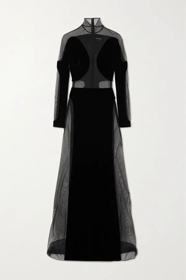 TOM FORD Paneled Velvet And Tulle Maxi Dress