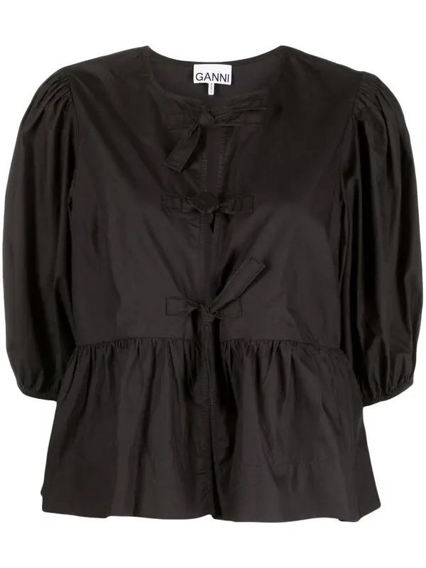 GANNI Cotton Poplin Peplum Tie Blouse