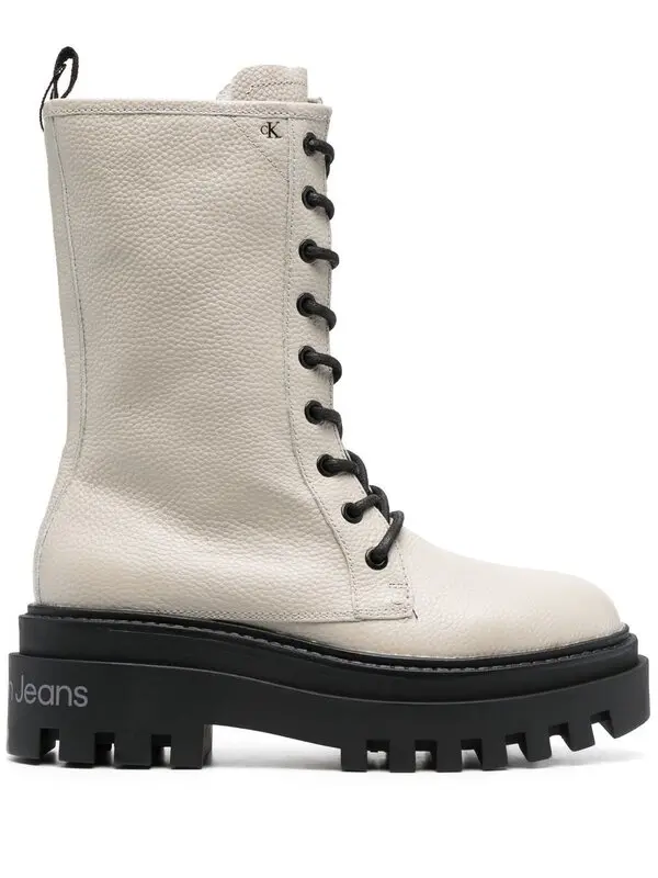 Calvin Klein Lace-up Leather Platform Boots - Neutrals