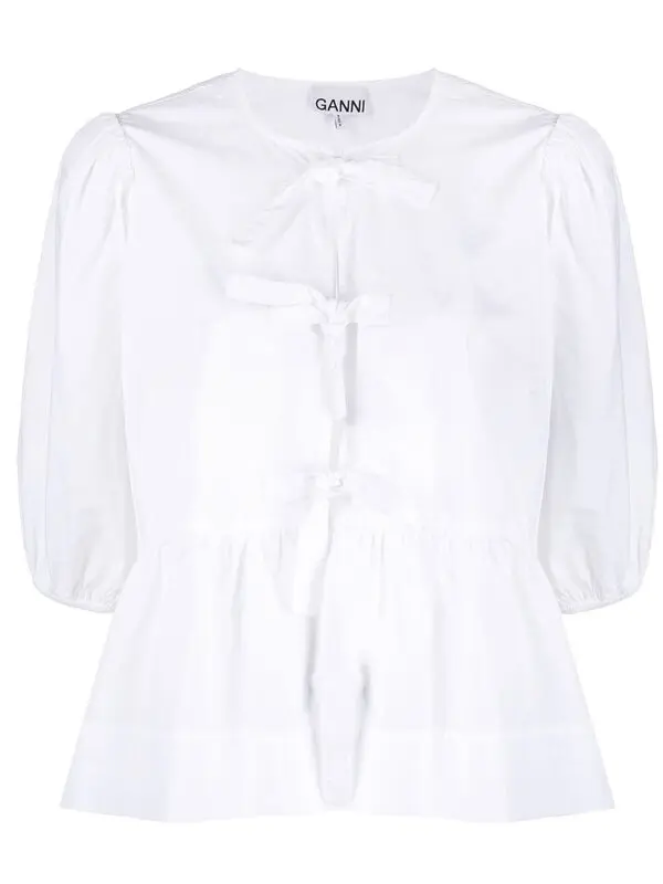 GANNI Cotton Poplin Peplum Tie Blouse