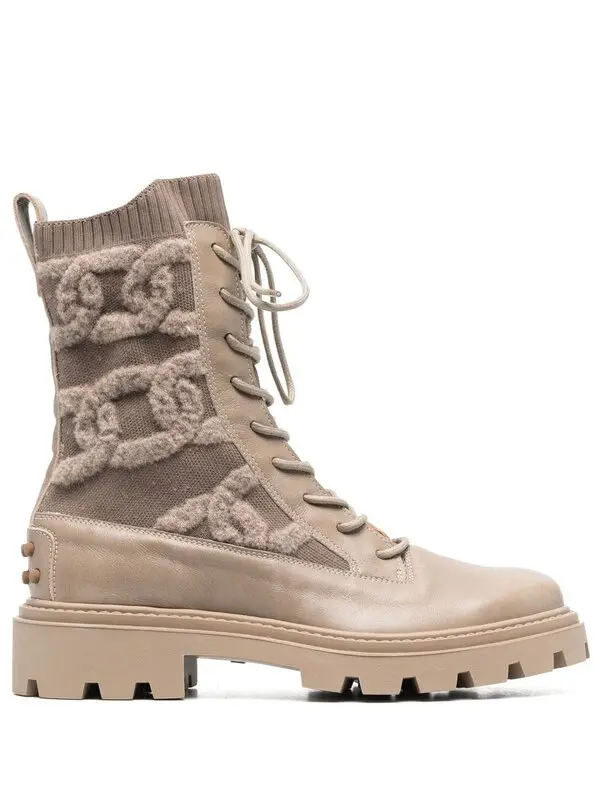 TOD'S Shearling-logo Combat Boots - Neutrals